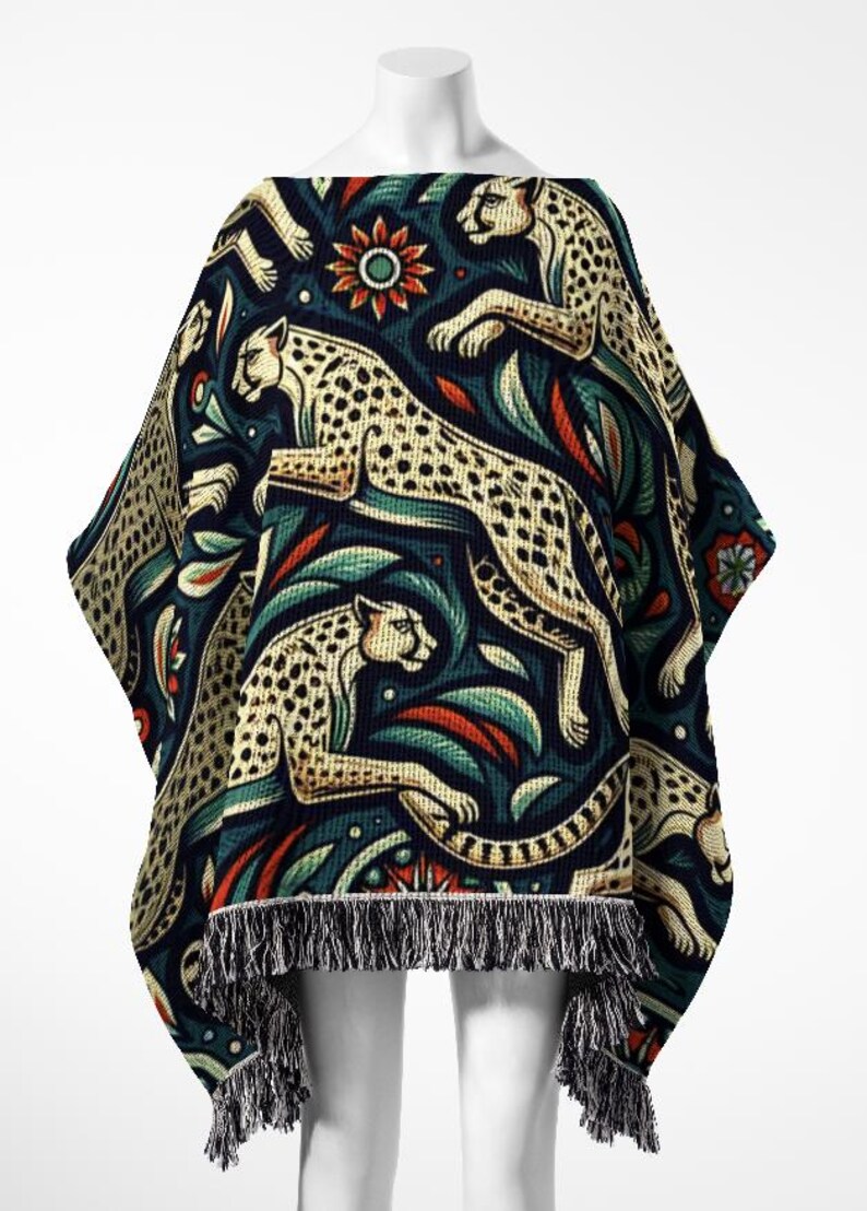Cheetah Motif Poncho, Nature-inspired Woven Cotton Leopard Wearable ...