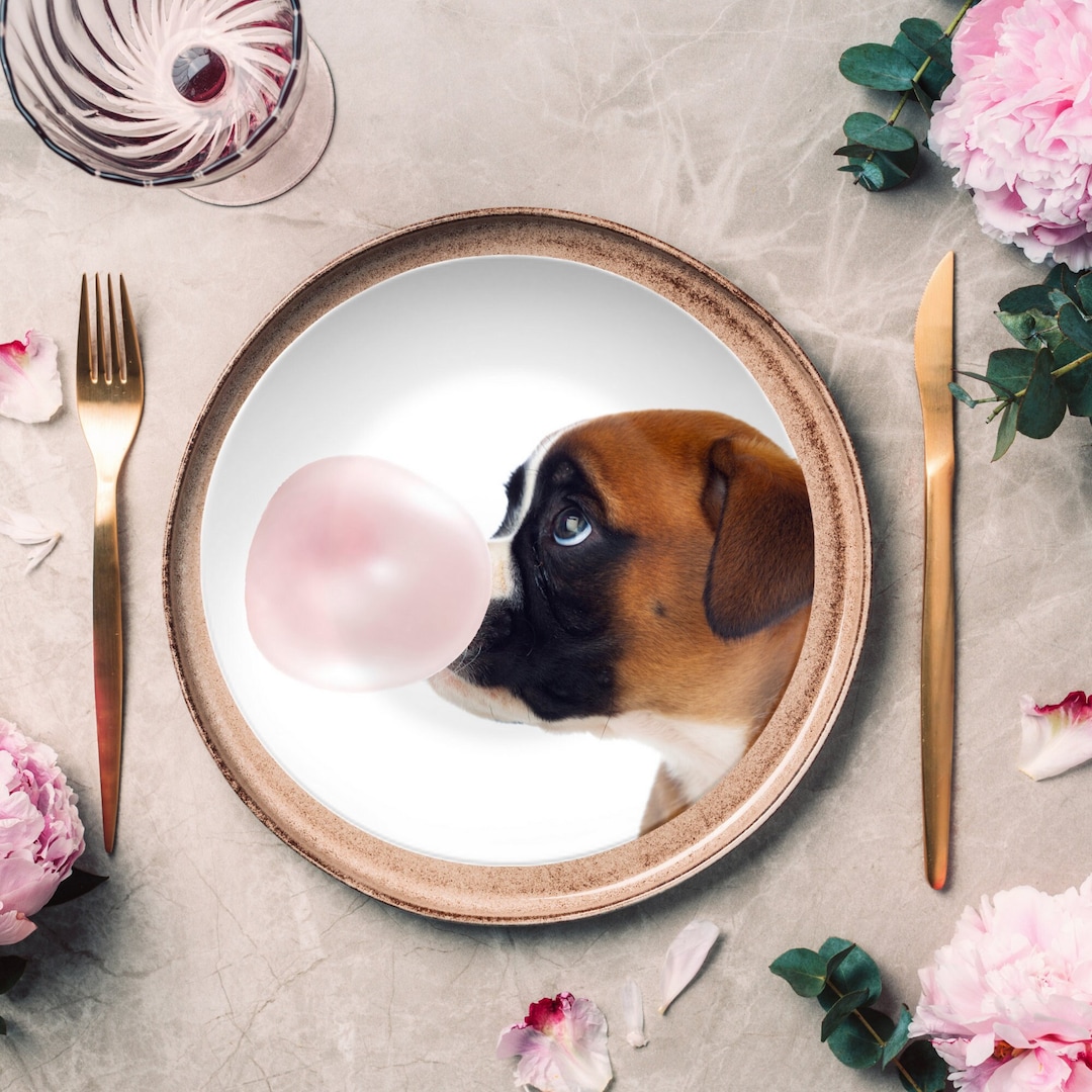 Dog Plate Set Gift for Pet Parents, Blowing Bubblegum Puppy Plate Set ...