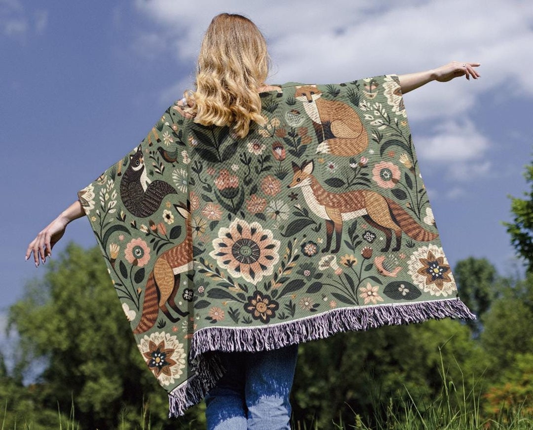Woodland Motif Poncho, Nature-inspired Woven Cotton Animals Fox ...