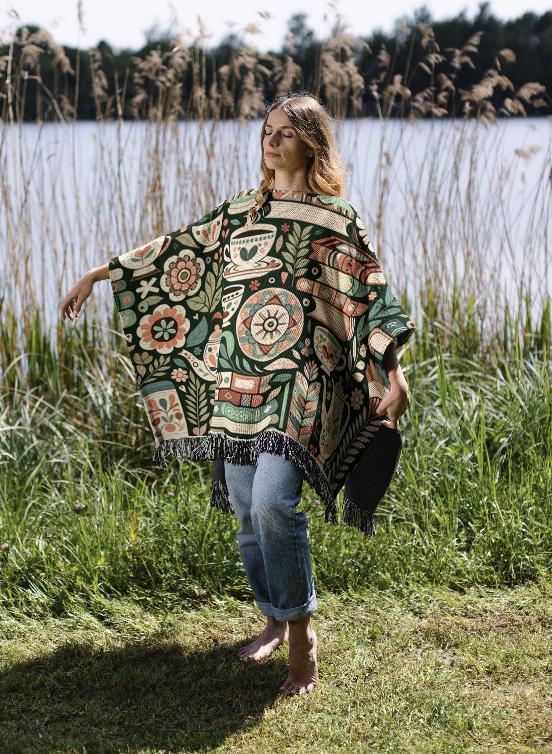 Bookish Motif Poncho, Woven Cotton Wearable Academia Bookworm Blanket ...