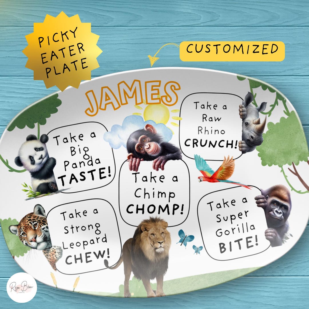 Custom Picky Eater Plate Jungle Animals, Take a Bite Fun Personalized ...