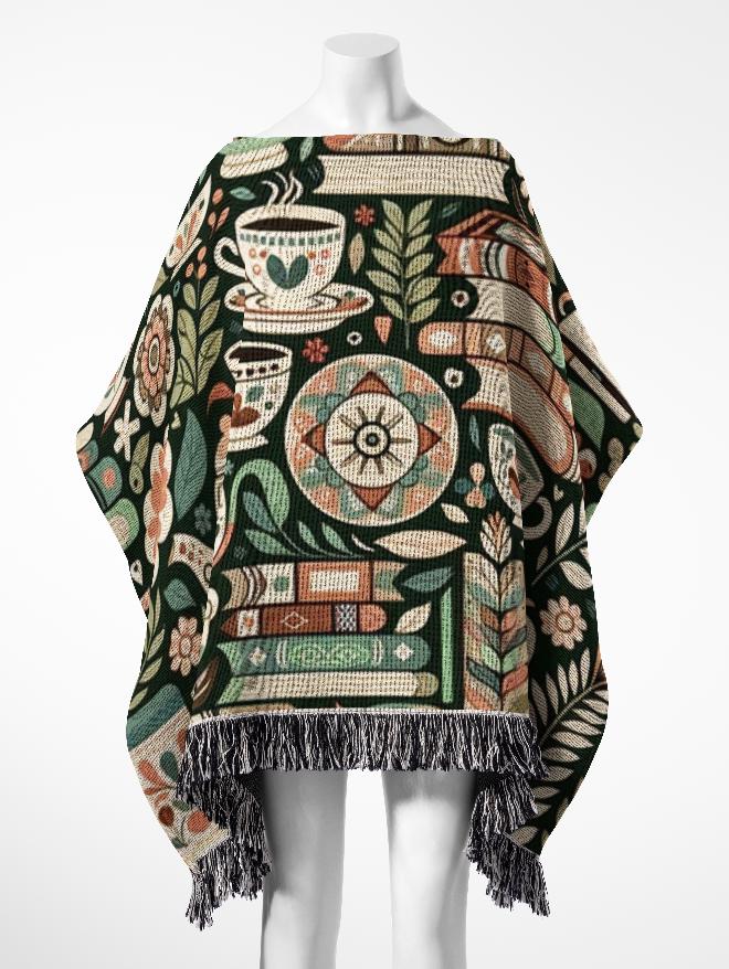 Bookish Motif Poncho, Woven Cotton Wearable Academia Bookworm Blanket ...