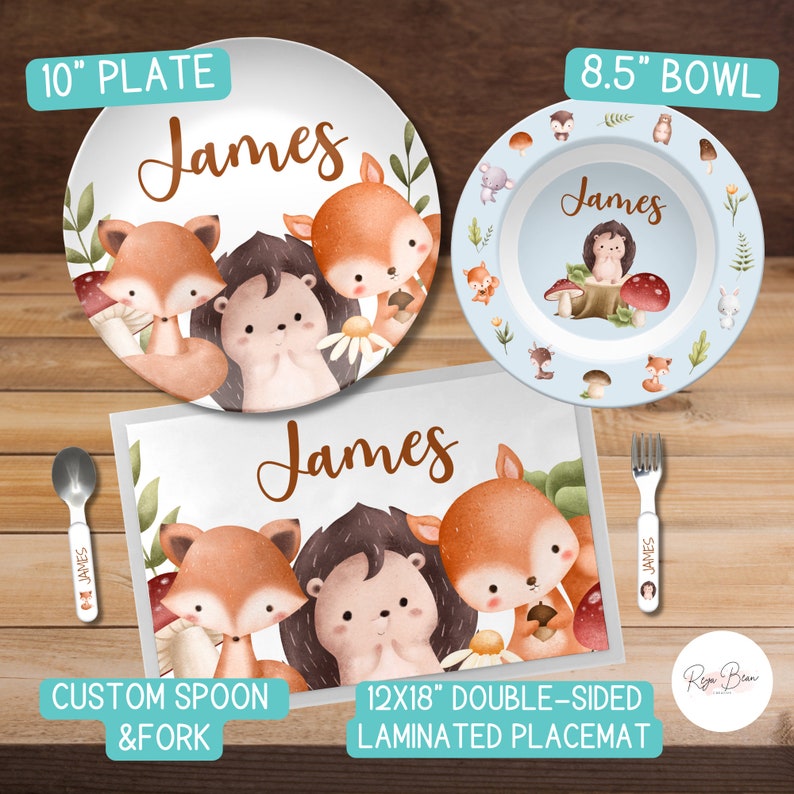 Custom Woodland Animals Kids Dinnerware Set, Plate Bowl Placemat Fork ...