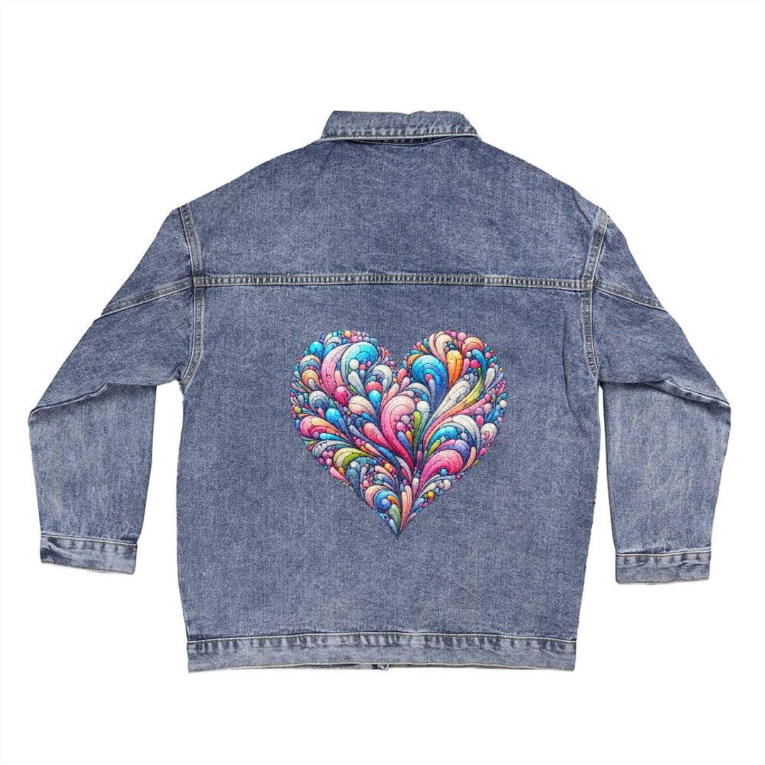 Heart Women's Oversized Jean Jacket, Heart Abstract Back Print Denim ...