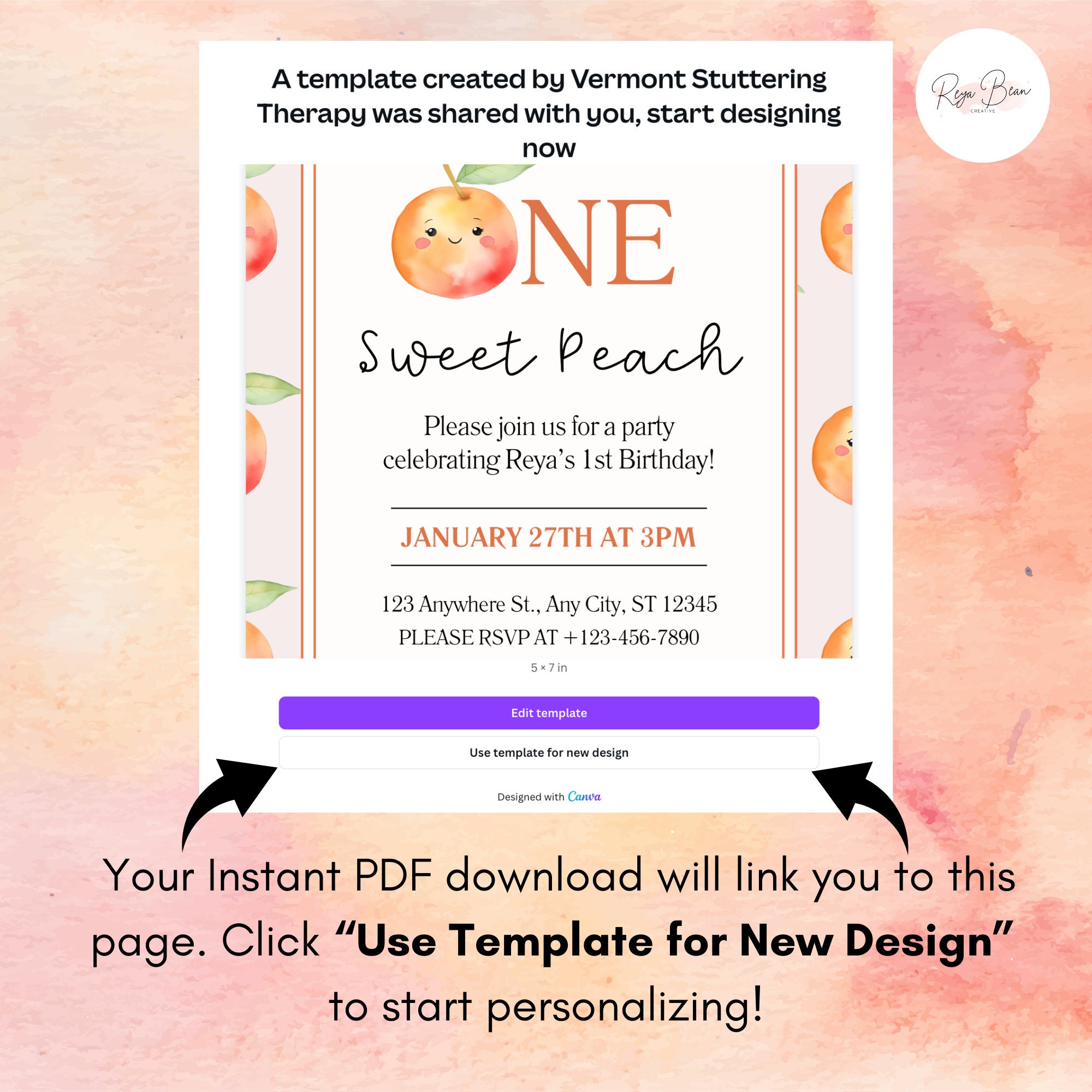 One Sweet Peach Digital Template File, First Birthday Peach-themed ...