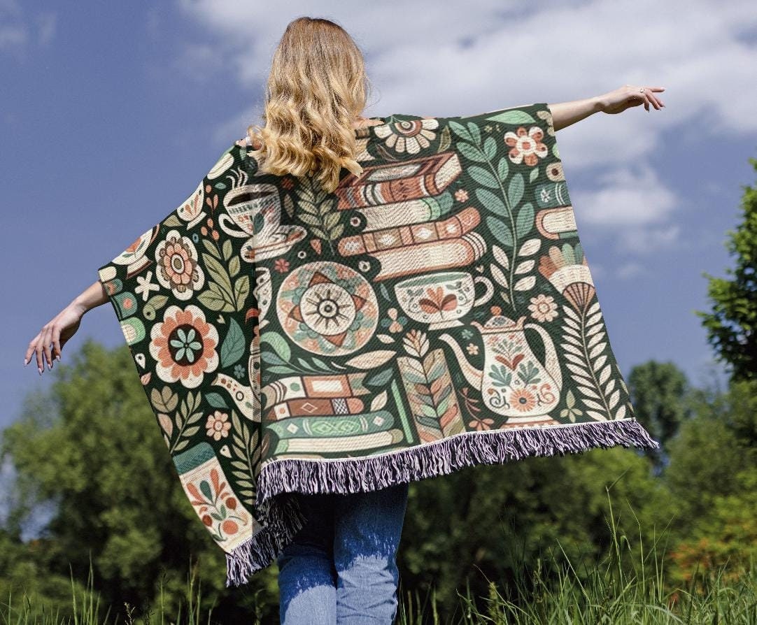 Bookish Motif Poncho, Woven Cotton Wearable Academia Bookworm Blanket ...