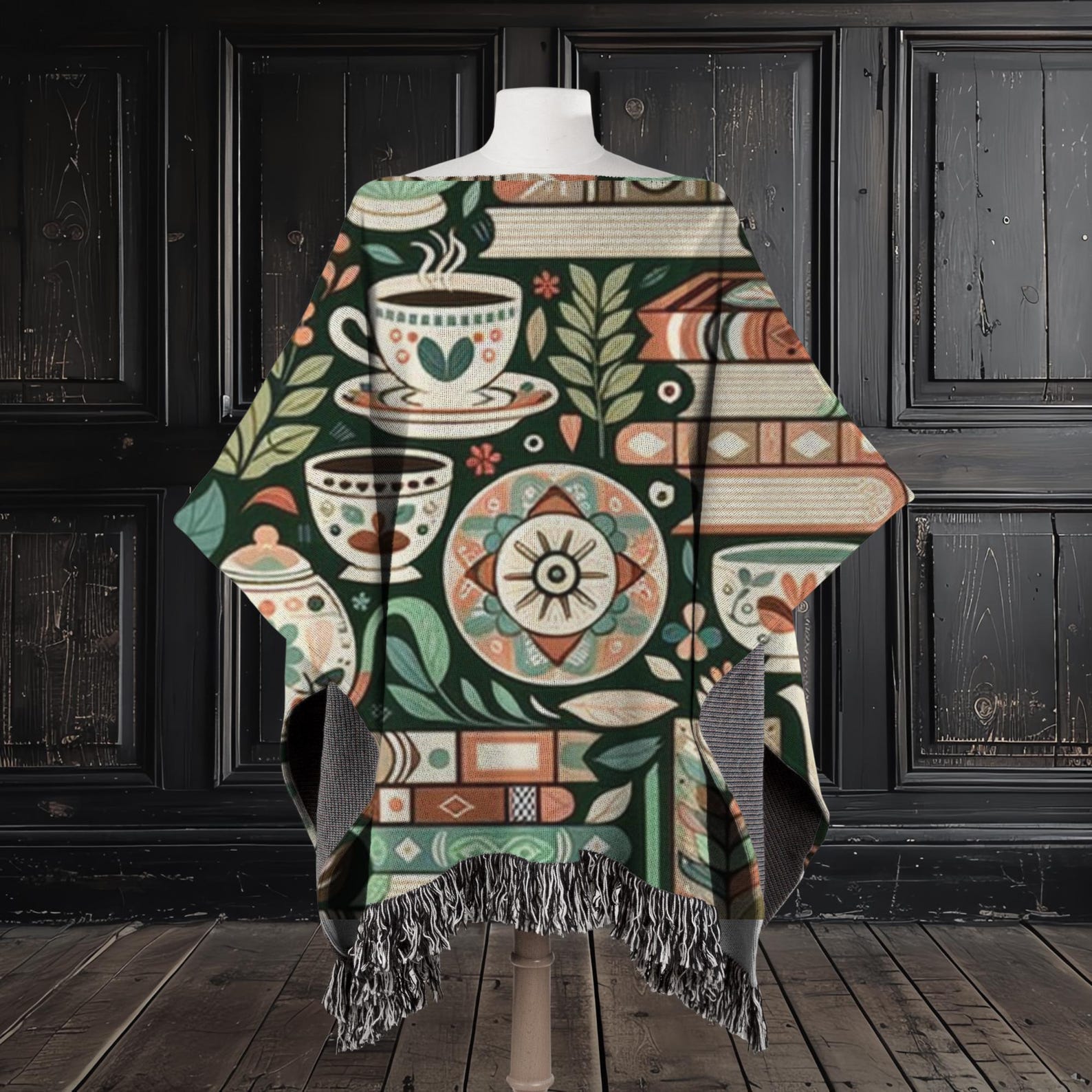 Bookish Motif Poncho, Woven Cotton Wearable Academia Bookworm Blanket ...