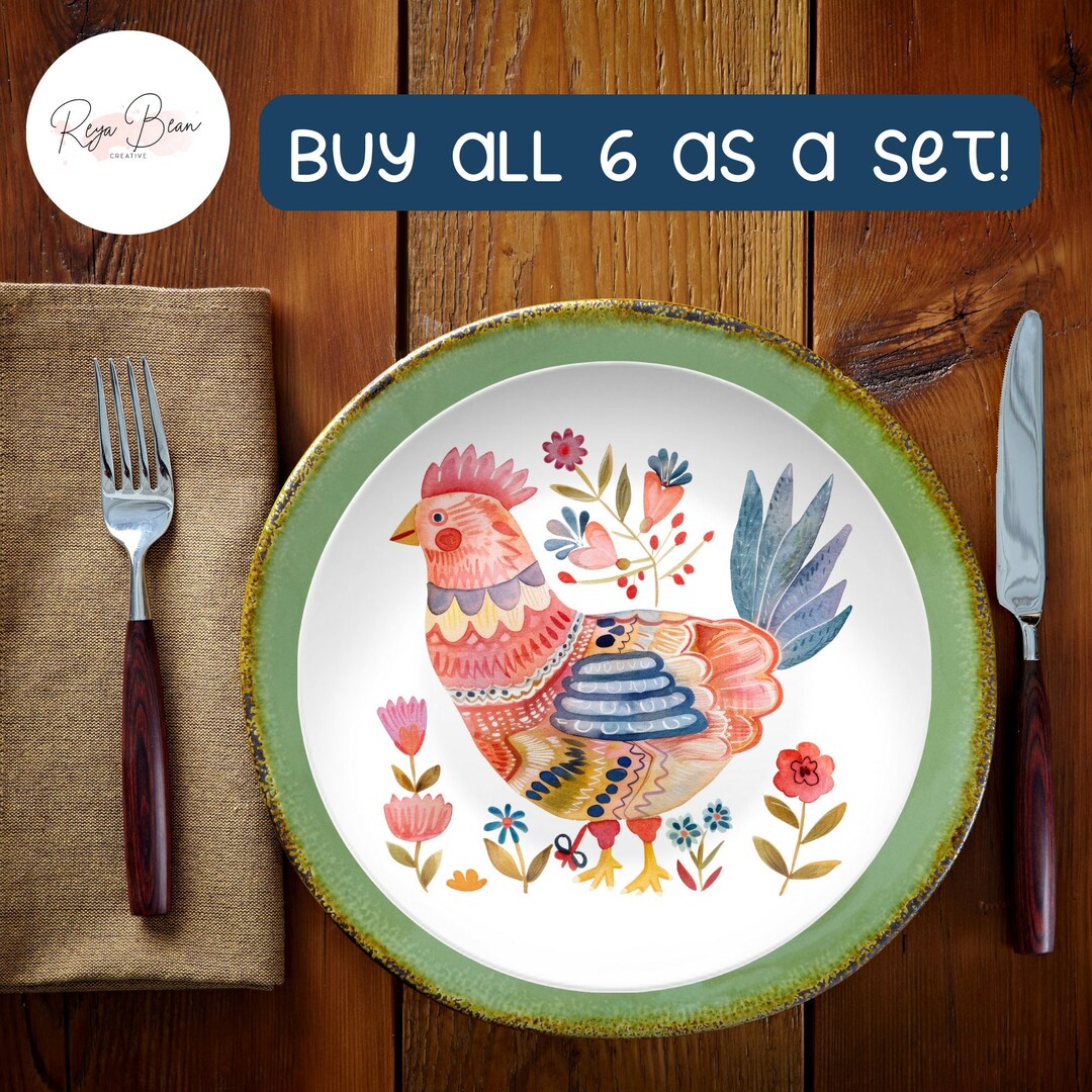 Chicken Housewarming Party Plates Gift, Folk Chicken Floral Unbreakable ...