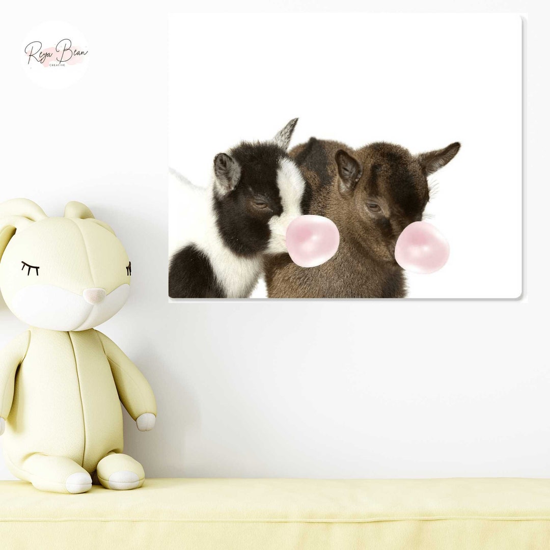 Baby Goats Metal Wall Art, Cute Goats Blowing Bubblegum, Kids Room ...
