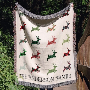 Custom Christmas Plaid Reindeer Family Blanket, Personalized Holiday ...