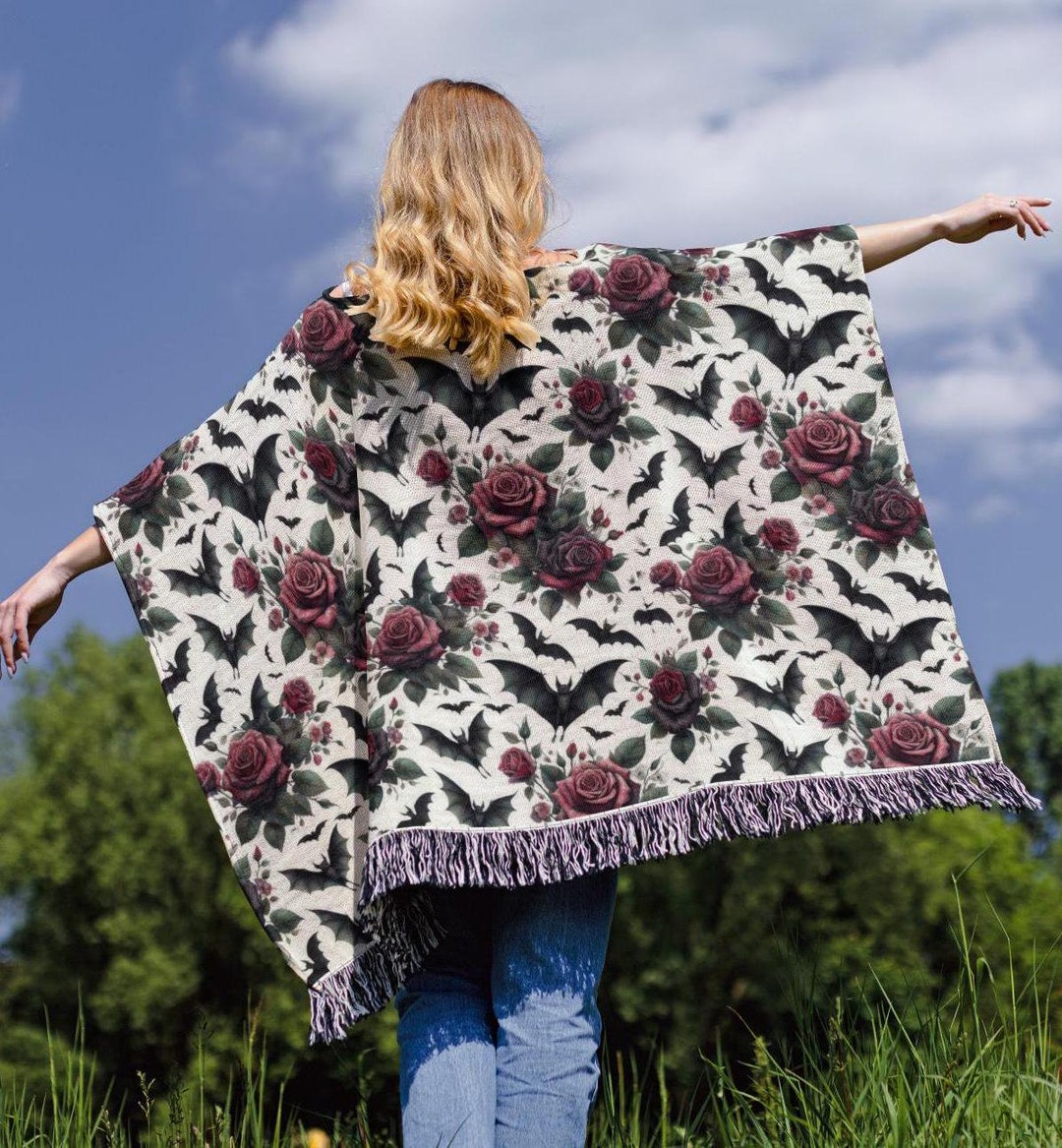 Goth Roses Poncho, Whimsigoth Woven Cotton Wearable Gothic Blanket ...