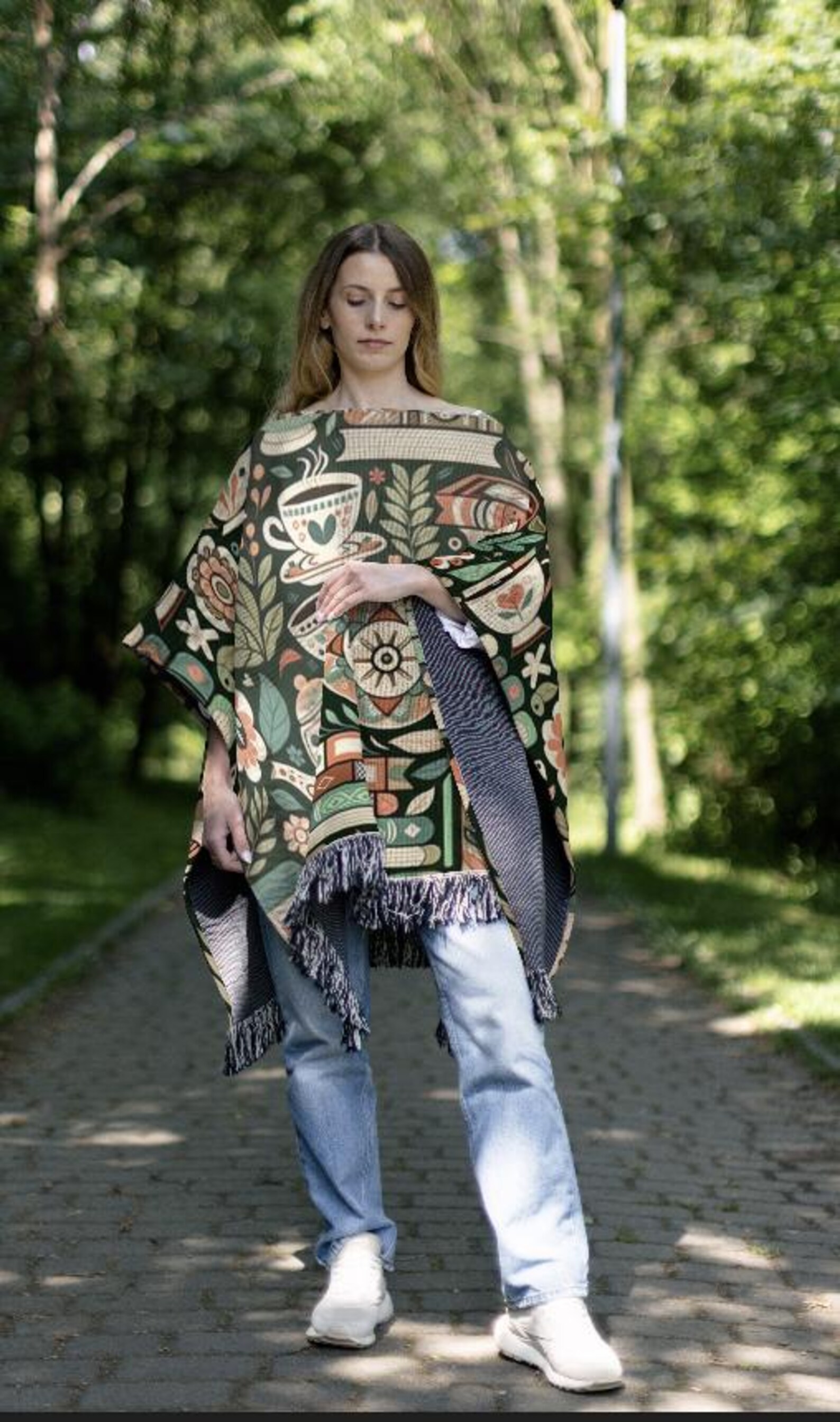 Bookish Motif Poncho, Woven Cotton Wearable Academia Bookworm Blanket ...
