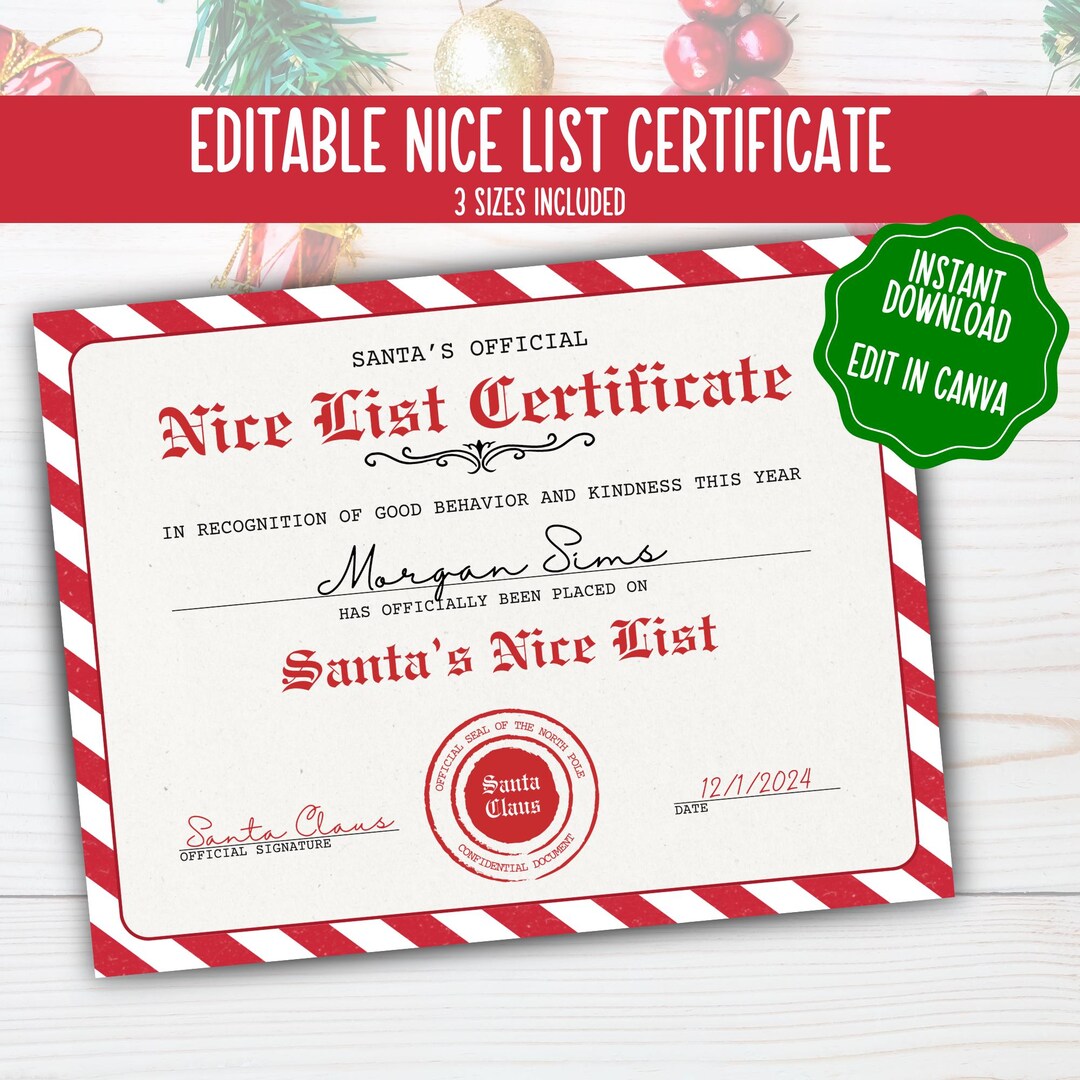 Editable Santa's Nice List Certificate: DIY Printable (instant Download ...