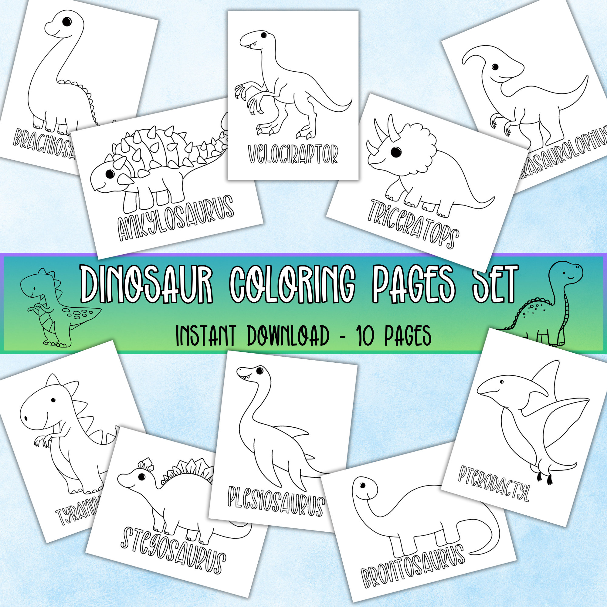 Printable Dinosaur Coloring Page Bundle - 10 Pages - Activity ...