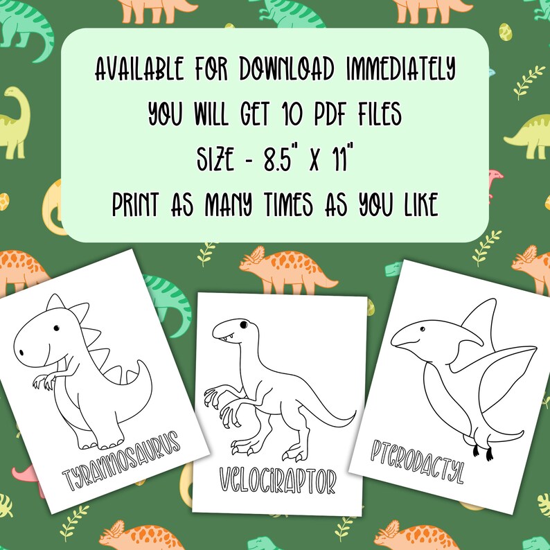 Printable Dinosaur Coloring Page Bundle - 10 Pages - Activity ...