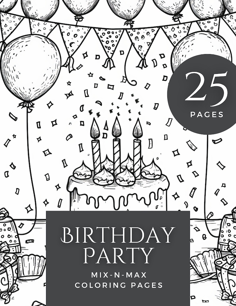 Birthday Party Coloring Pages, Party Decorations Instant Download PDF ...