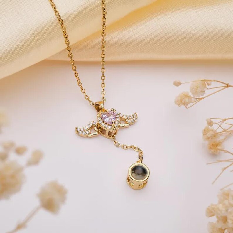 Custom Photo Projection Necklace: Angel Wings Heart Pendant ...