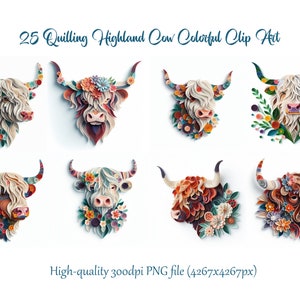 25 Quilling Highland Cow Calf Clip Art Digital Downloads Floral Paper ...