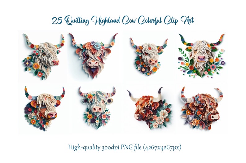 25 Quilling Highland Cow Calf Clip Art Digital Downloads Floral Paper ...