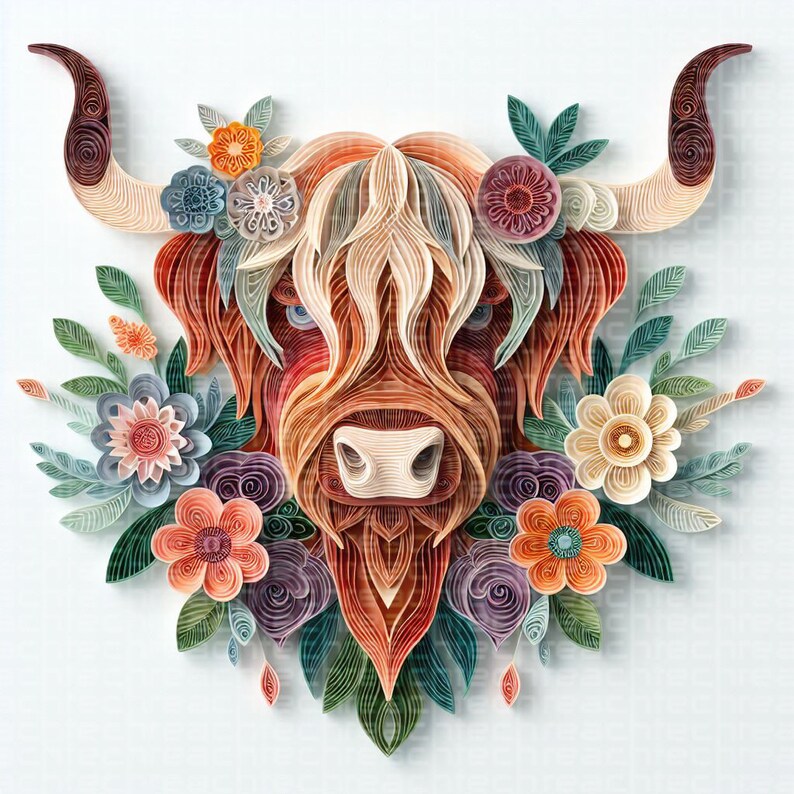 25 Quilling Highland Cow Calf Clip Art Digital Downloads Floral Paper ...