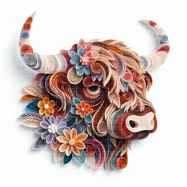 25 Quilling Highland Cow Calf Clip Art Digital Downloads Floral Paper ...