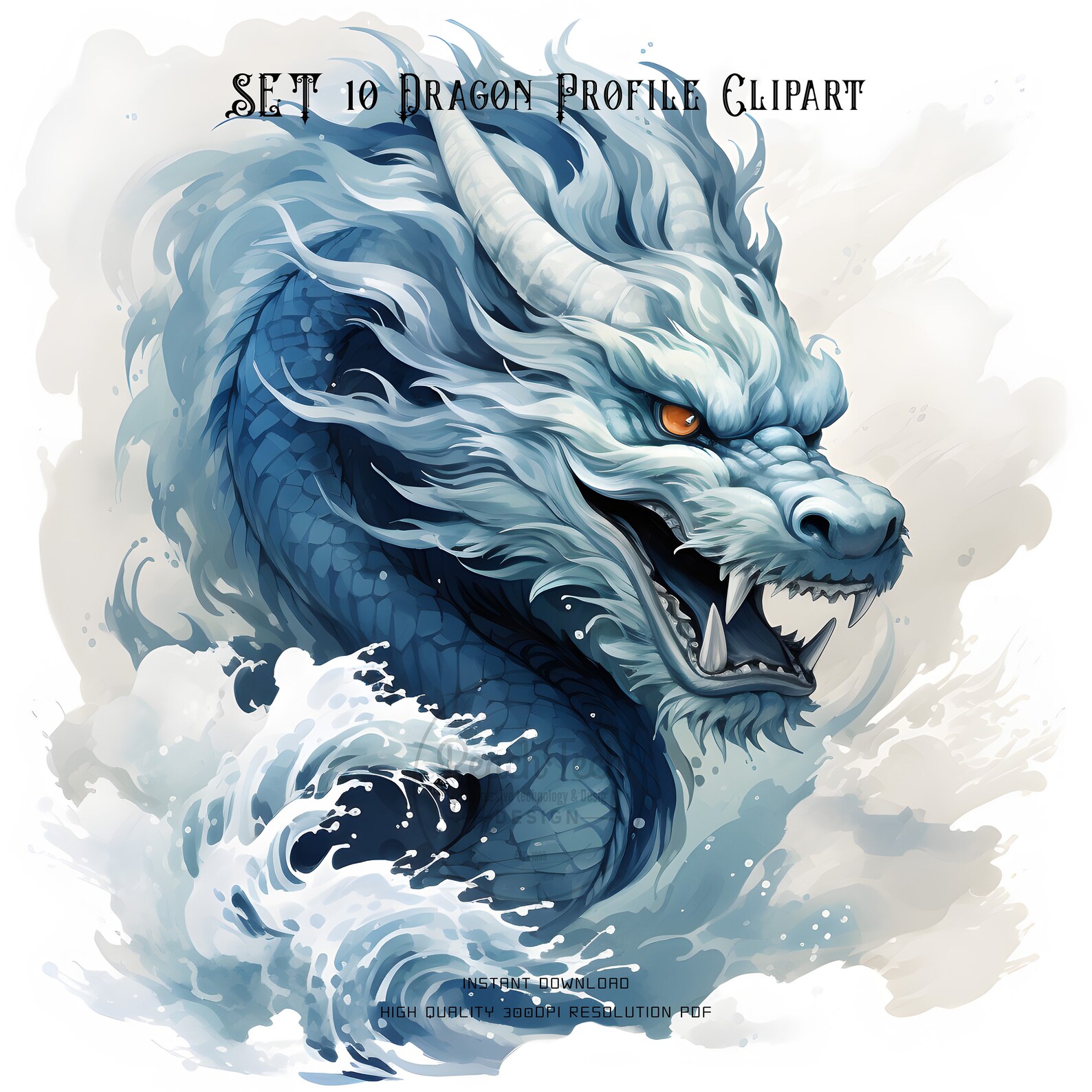 10 Dragon Profile Clipart, Chinese Dragon, Printable Watercolor Clipart ...