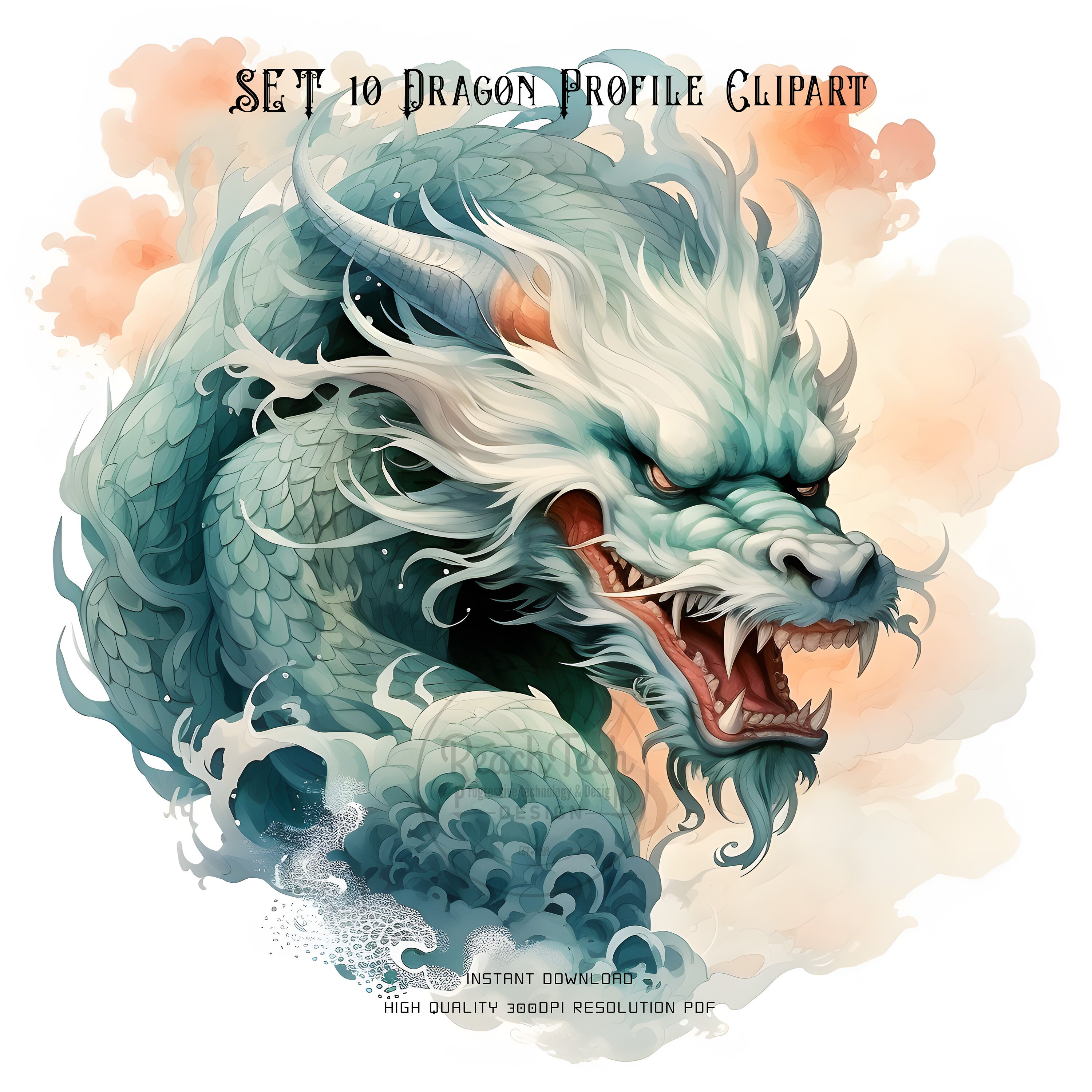 10 Dragon Profile Clipart, Chinese Dragon, Printable Watercolor Clipart ...