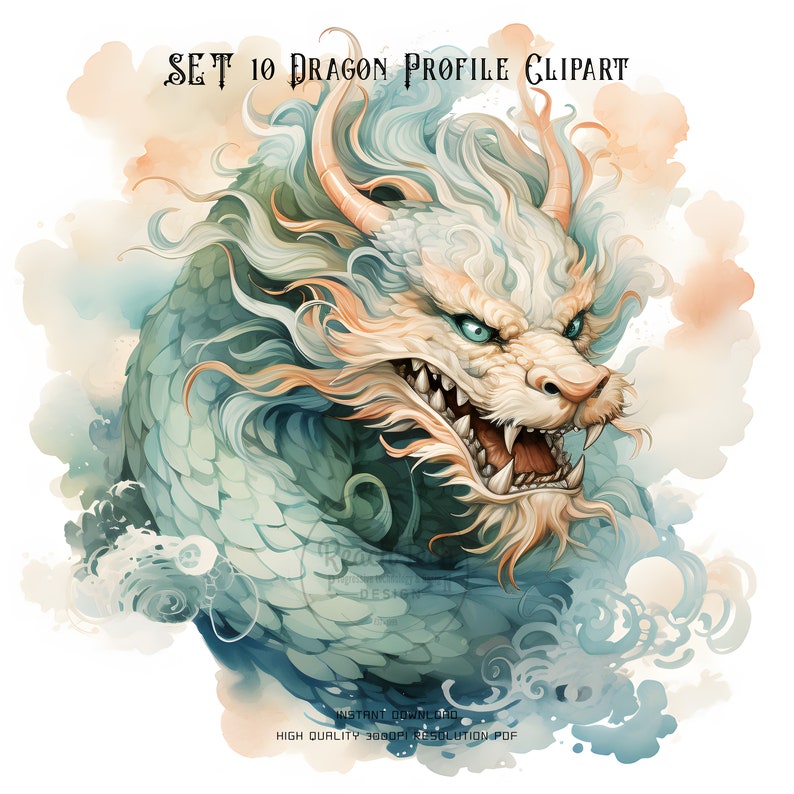 10 Dragon Profile Clipart, Chinese Dragon, Printable Watercolor Clipart ...