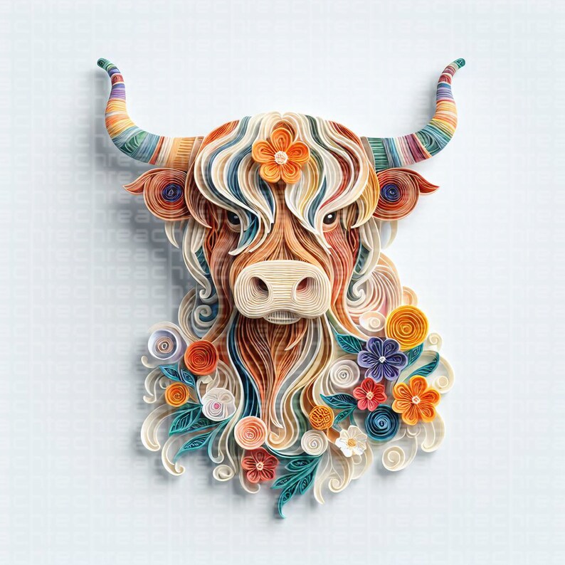 25 Quilling Highland Cow Calf Clip Art Digital Downloads Floral Paper ...
