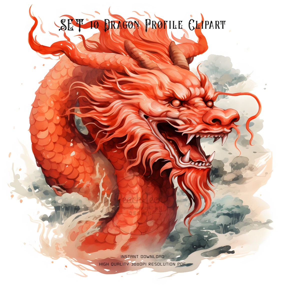 10 Dragon Profile Clipart, Chinese Dragon, Printable Watercolor Clipart ...