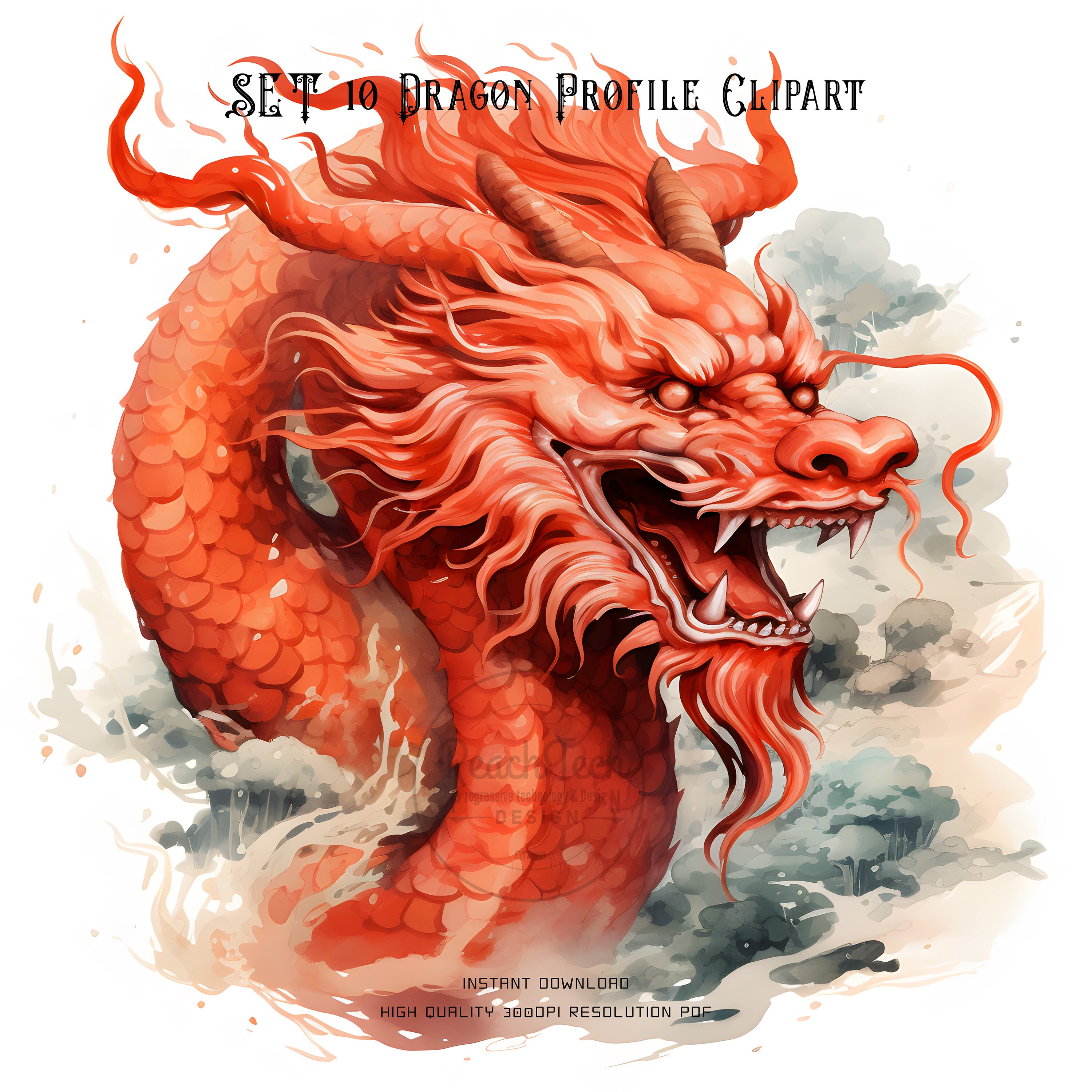 10 Dragon Profile Clipart, Chinese Dragon, Printable Watercolor Clipart ...