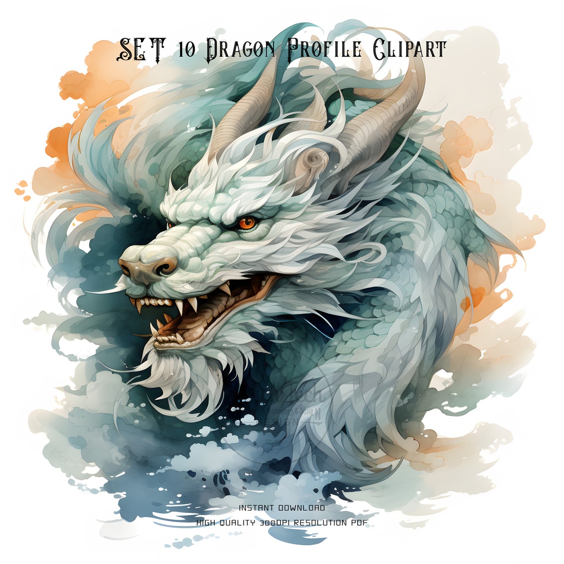 10 Dragon Profile Clipart, Chinese Dragon, Printable Watercolor Clipart ...