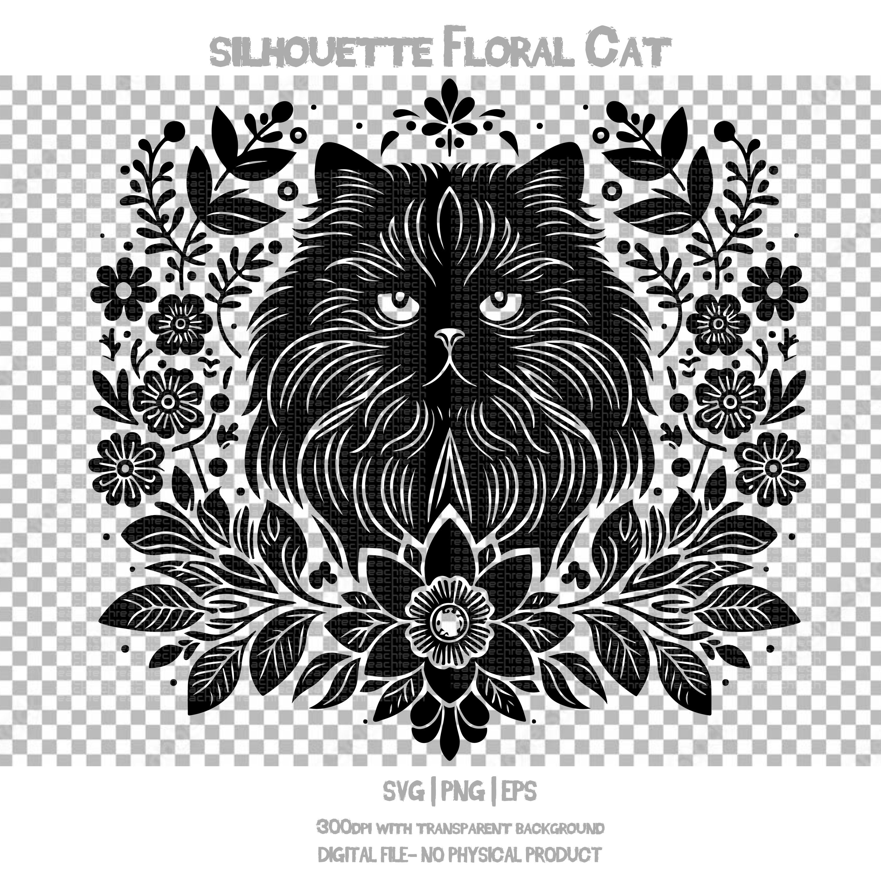 Floral Cat Silhouette Cat SVG Cat Head SVG Cat Face SVG Cat Cut Files ...