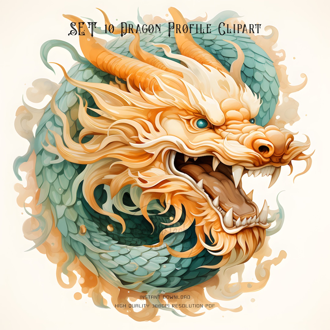 10 Dragon Profile Clipart, Chinese Dragon, Printable Watercolor Clipart ...
