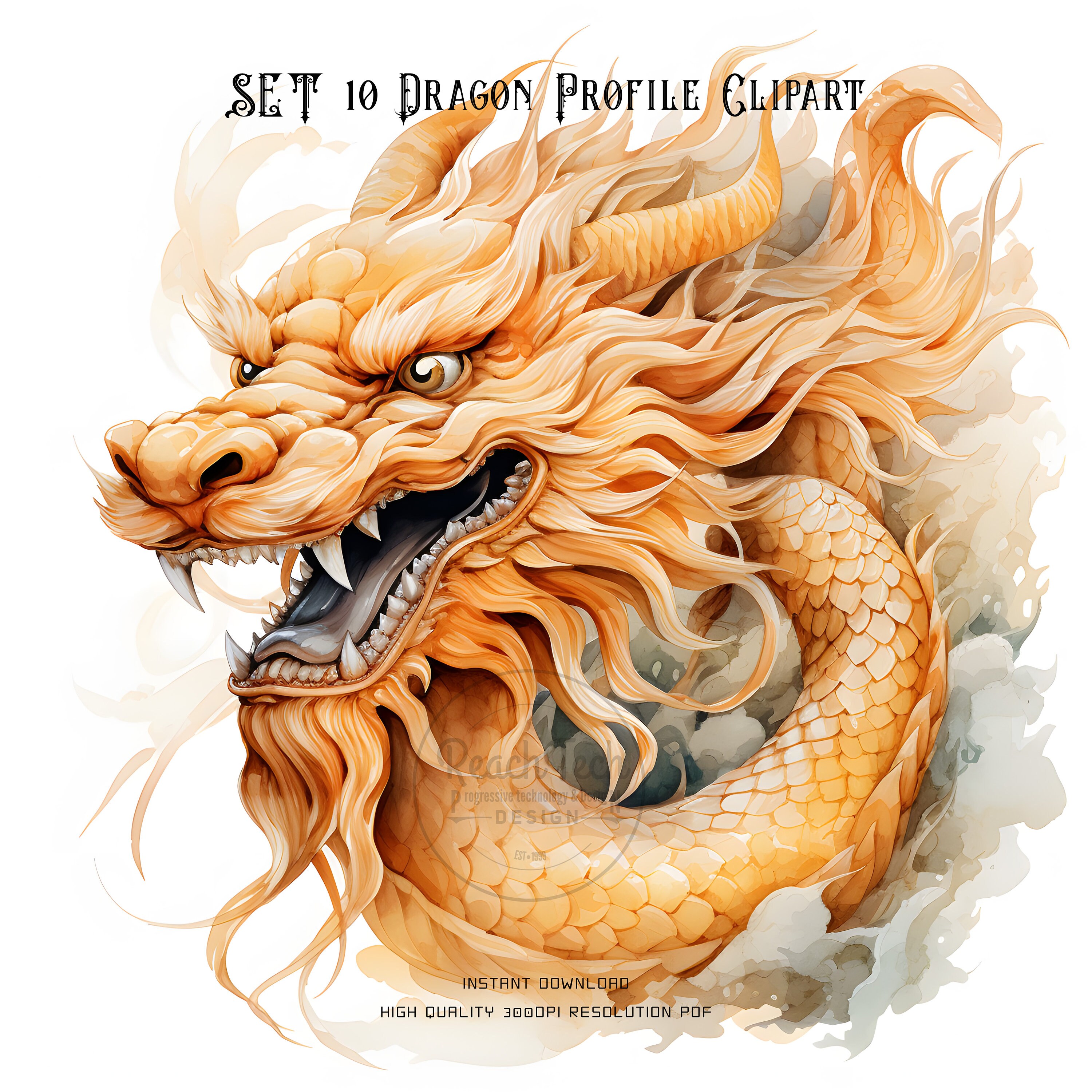 10 Dragon Profile Clipart, Chinese Dragon, Printable Watercolor Clipart ...