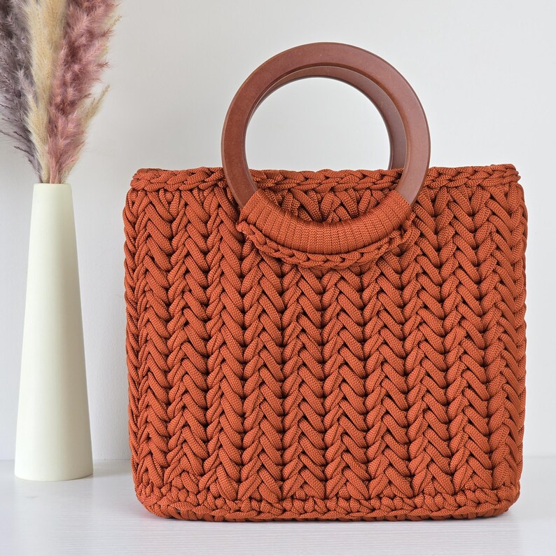 Handmade Terracotta Crochet Top Handle Bag, Luxury Knit Purse With ...