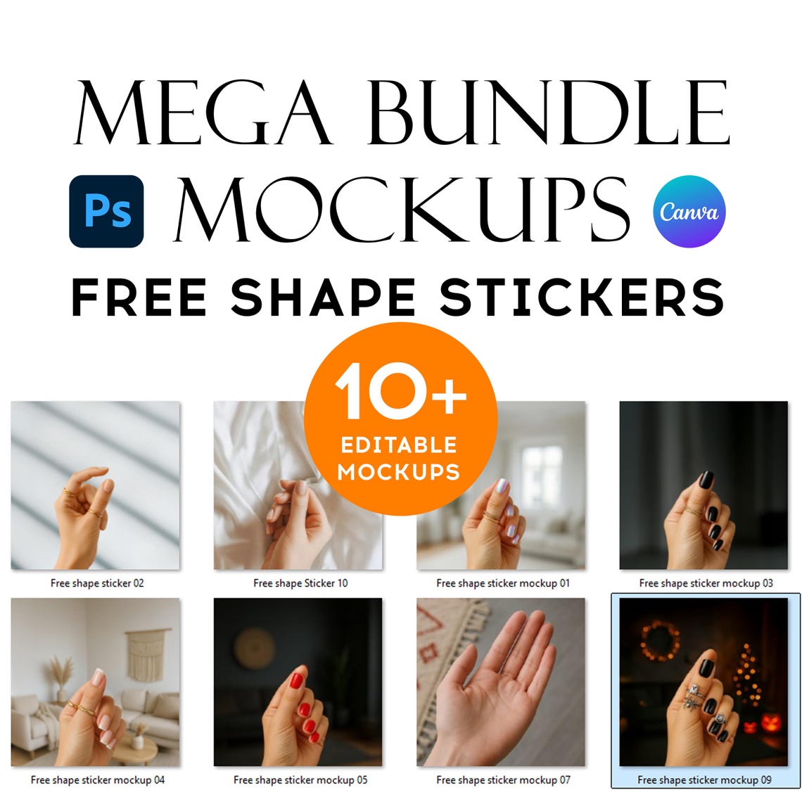 Sticker Mockup Bundle: Hand Holding, Round & Freeform (PSD, Canva, JPG ...