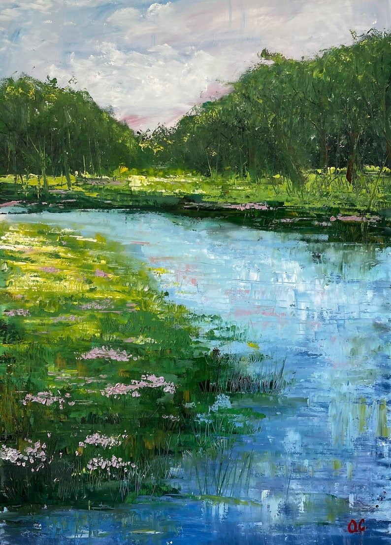 Riverbank Painting on Canvas, Original Artwork, Nature-inspired Art ...