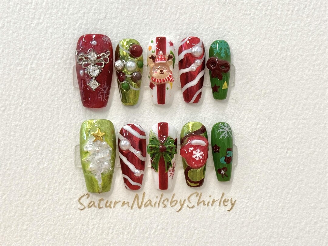 Christmas Press on Nails, Custom 3D Nails, Santa and Snowman Fake Nails ...