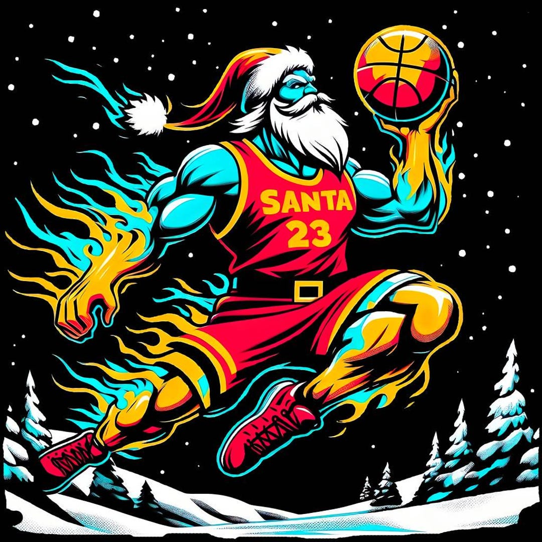 Basketball Santa in the Fire - Funny Basketball Vintage Graphic Art ...