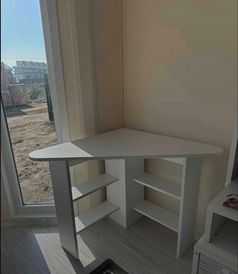 Corner Wooden Table, Space Saving Corner Table With Shelf, Corner Study ...