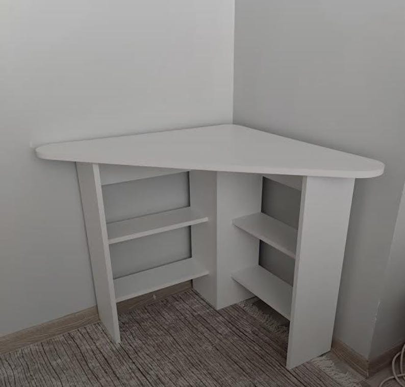 Corner Wooden Table, Space Saving Corner Table With Shelf, Corner Study ...