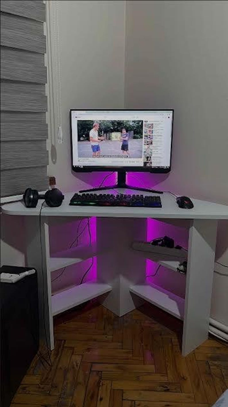 Corner Wooden Table, Space Saving Corner Table With Shelf, Corner Study ...