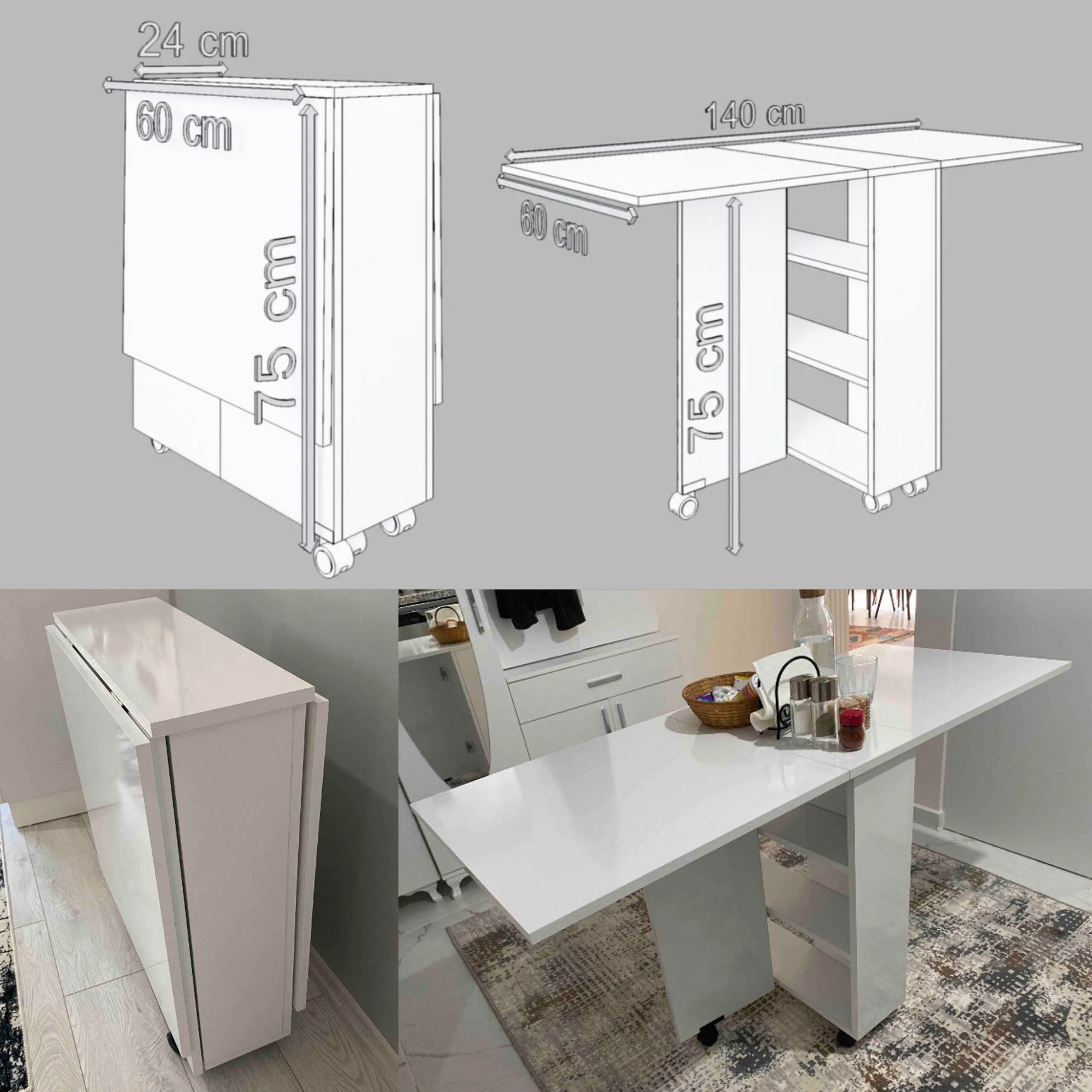 Portable Folding Dining Table on Wheels, Space-saving Kitchen Table ...