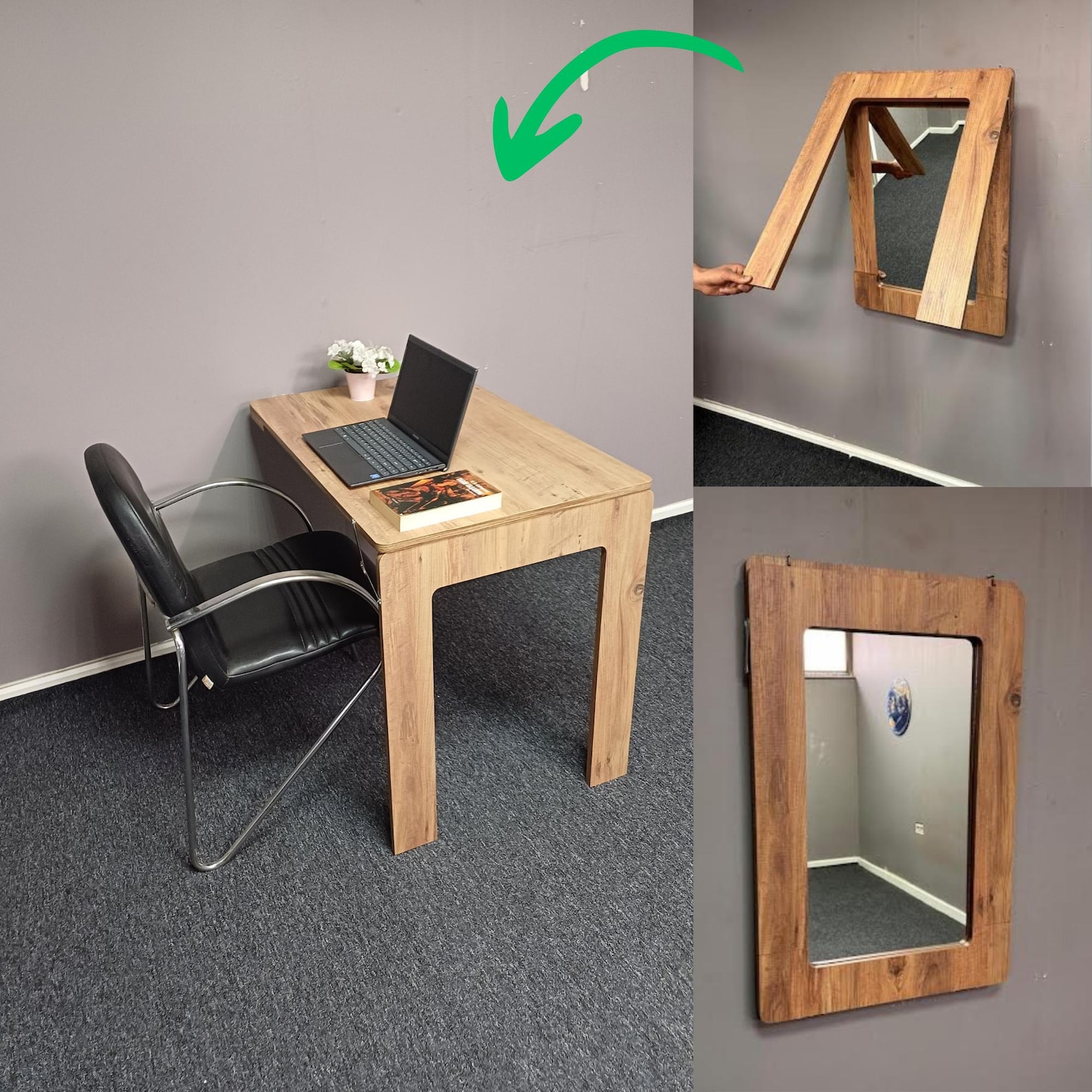 Wall Mounted Folding Mirrored Murphy Table, Framed Wooden Wall Mounted ...