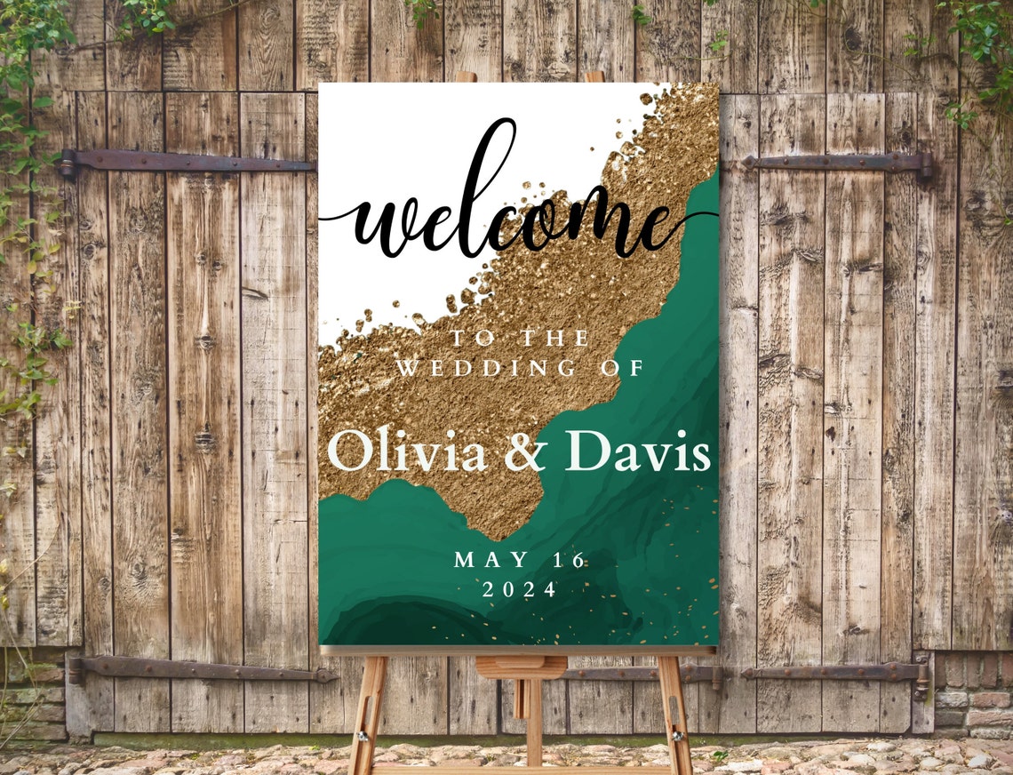 Emerald Wedding Welcome Sign, Emerald Green and Gold Banner, Welcome to ...