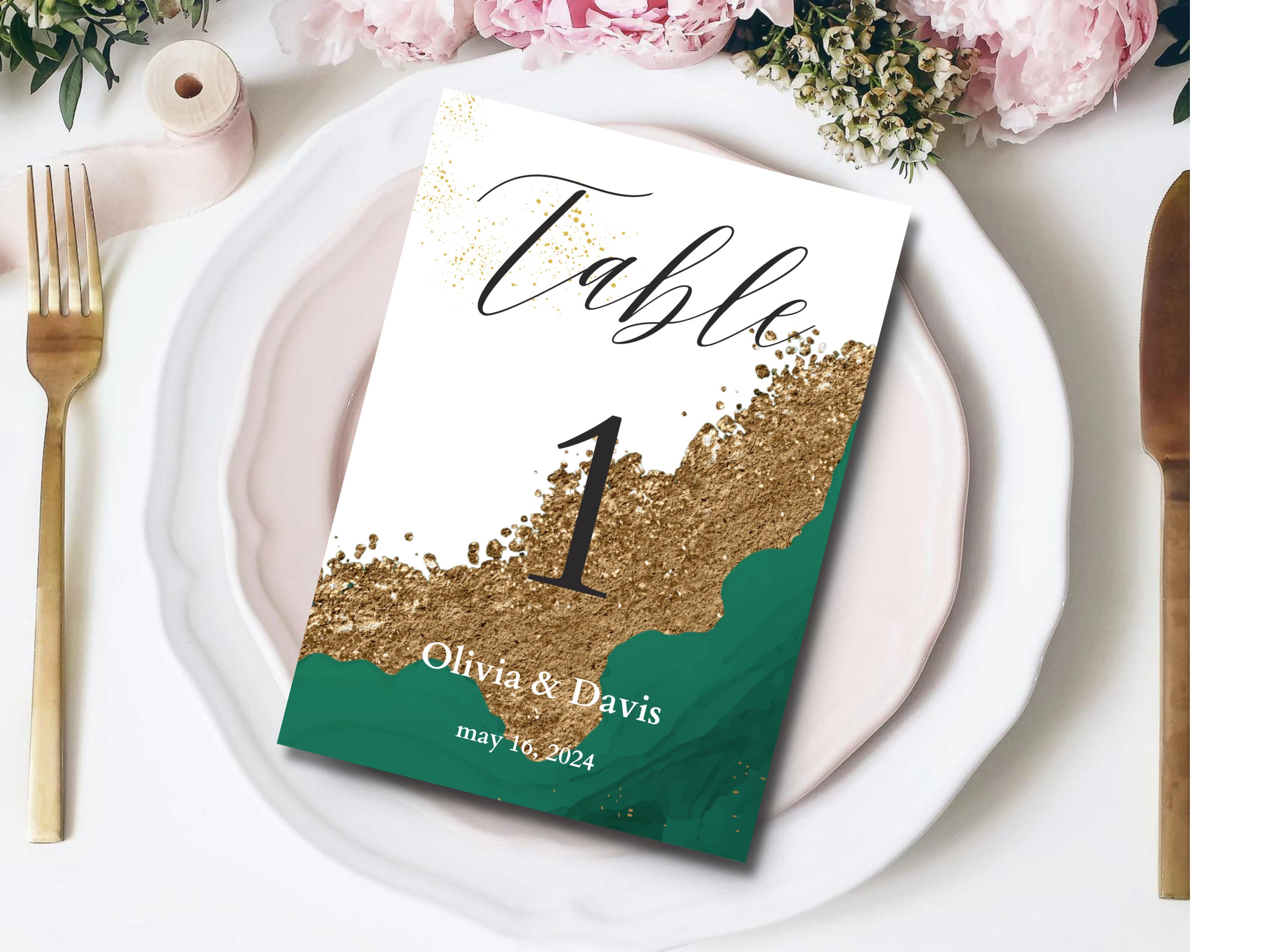 Emerald and Gold Wedding Table Number Cards, Printed Table Number Signs ...