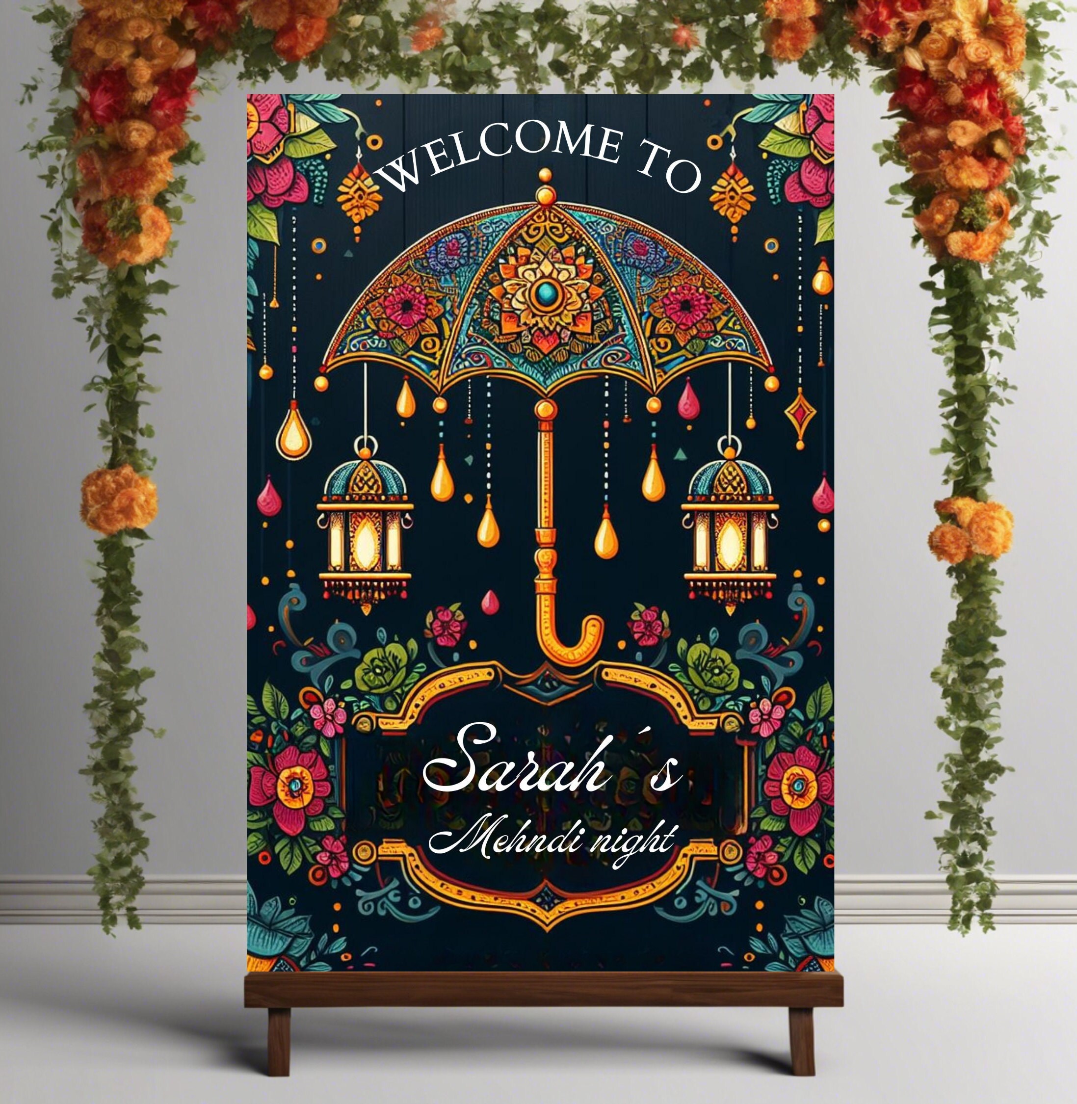 Floral Mehndi Welcome Sign Umbrella and Lanterns as Mehndi Decor ...