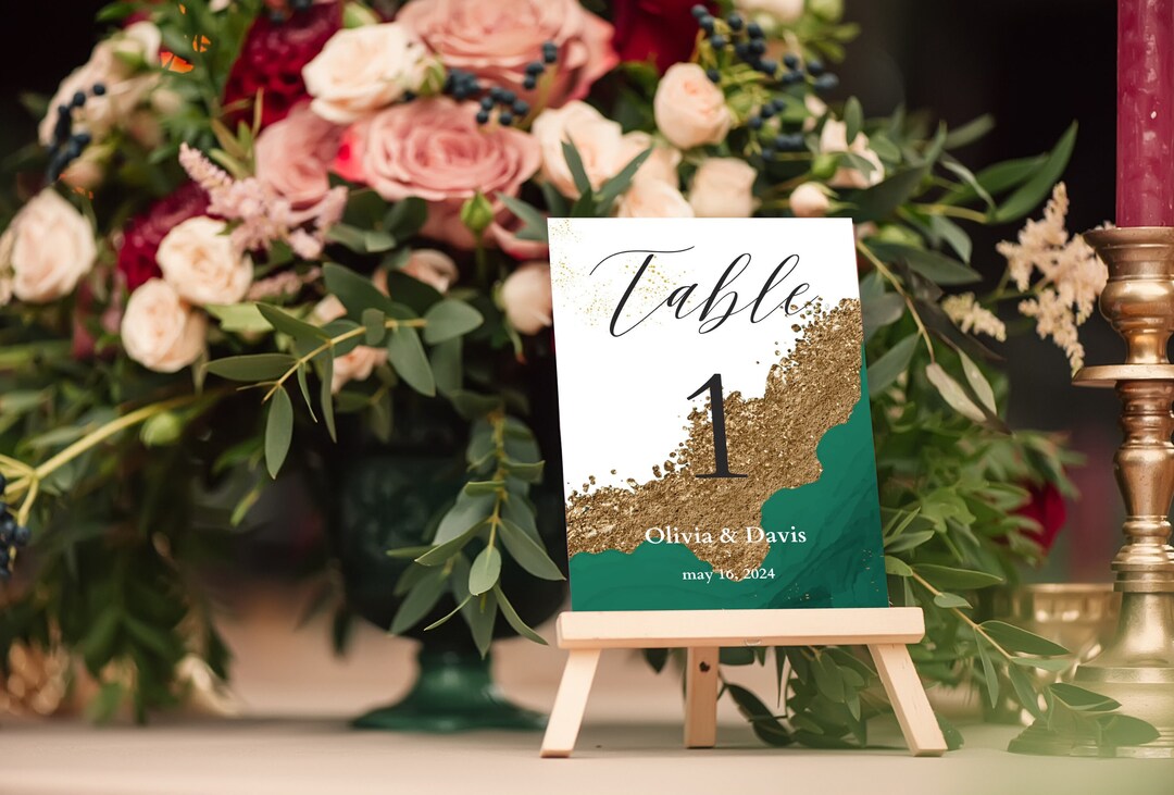 Emerald and Gold Wedding Table Number Cards, Printed Table Number Signs ...