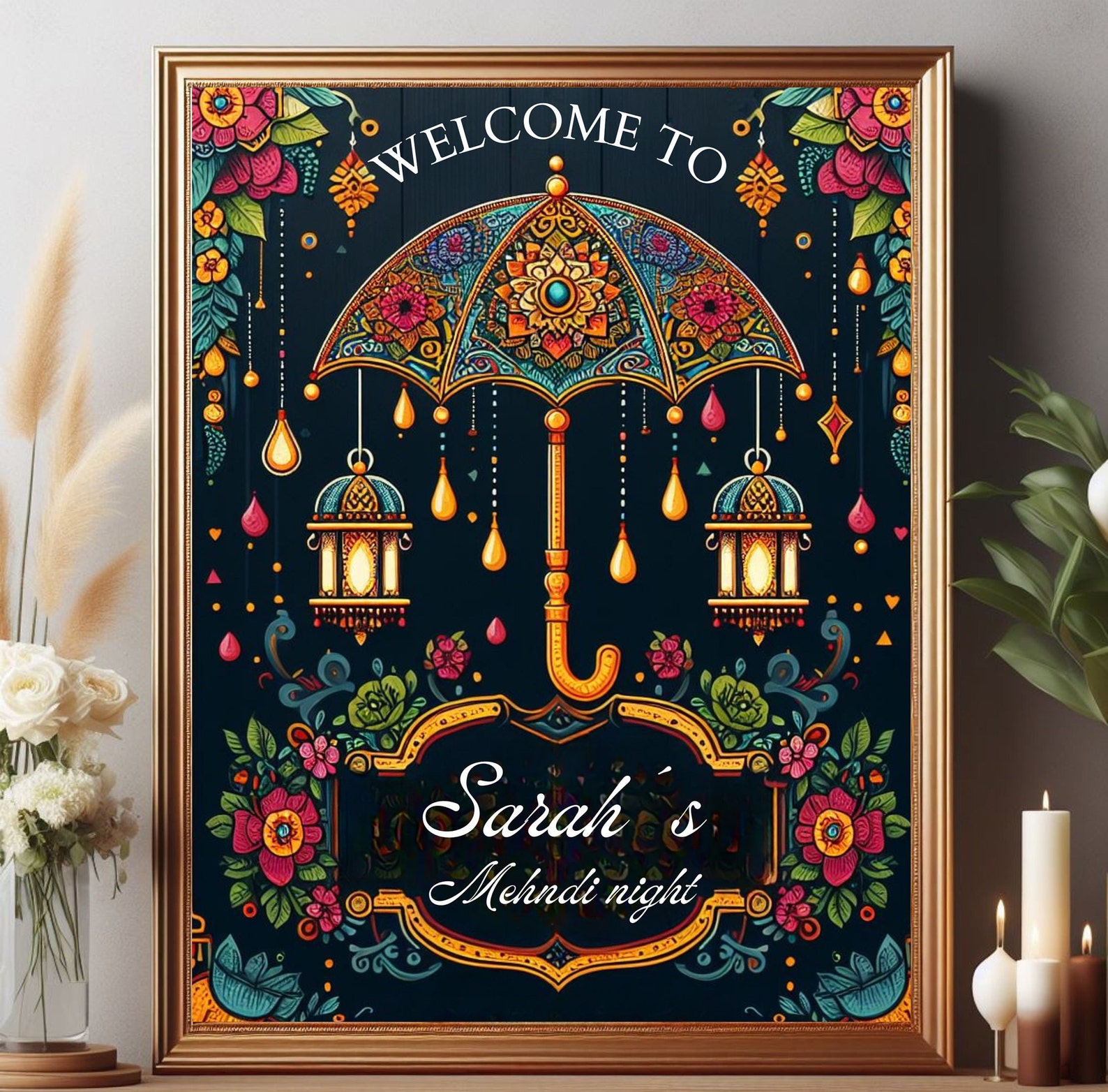 Floral Mehndi Welcome Sign, Umbrella and Lanterns as Mehndi Decor ...